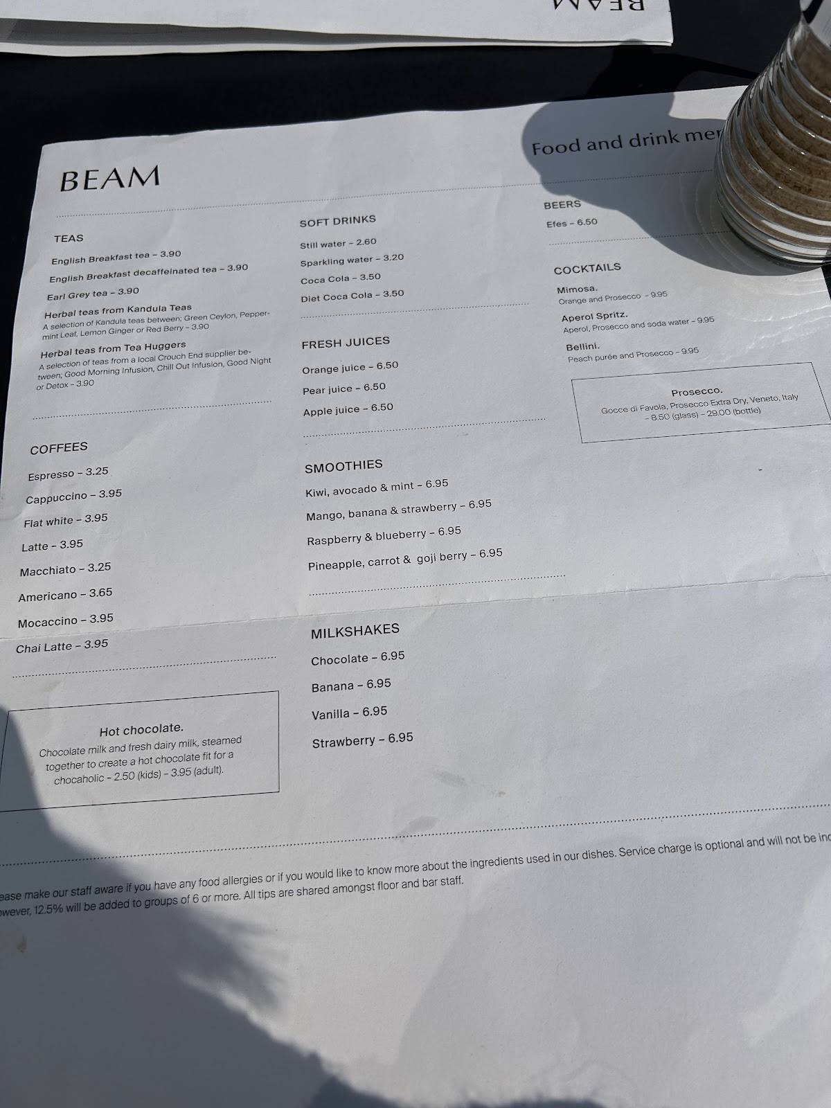 Menu at Beam restaurant, London, 184 Blackstock Rd
