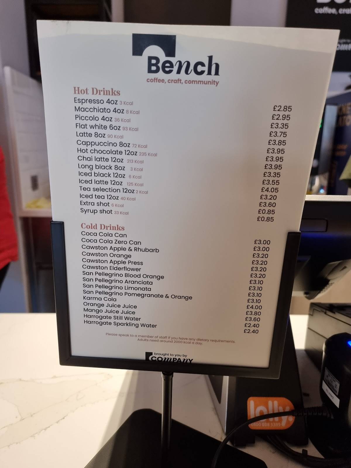 Menu at Bench cafe, London
