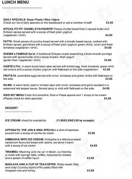Menu at Blue Nile restaurant, London, 73 Woolwich New Rd