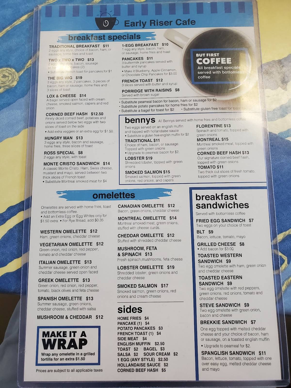 Menu at Early Riser Cafe on Wonderland, London