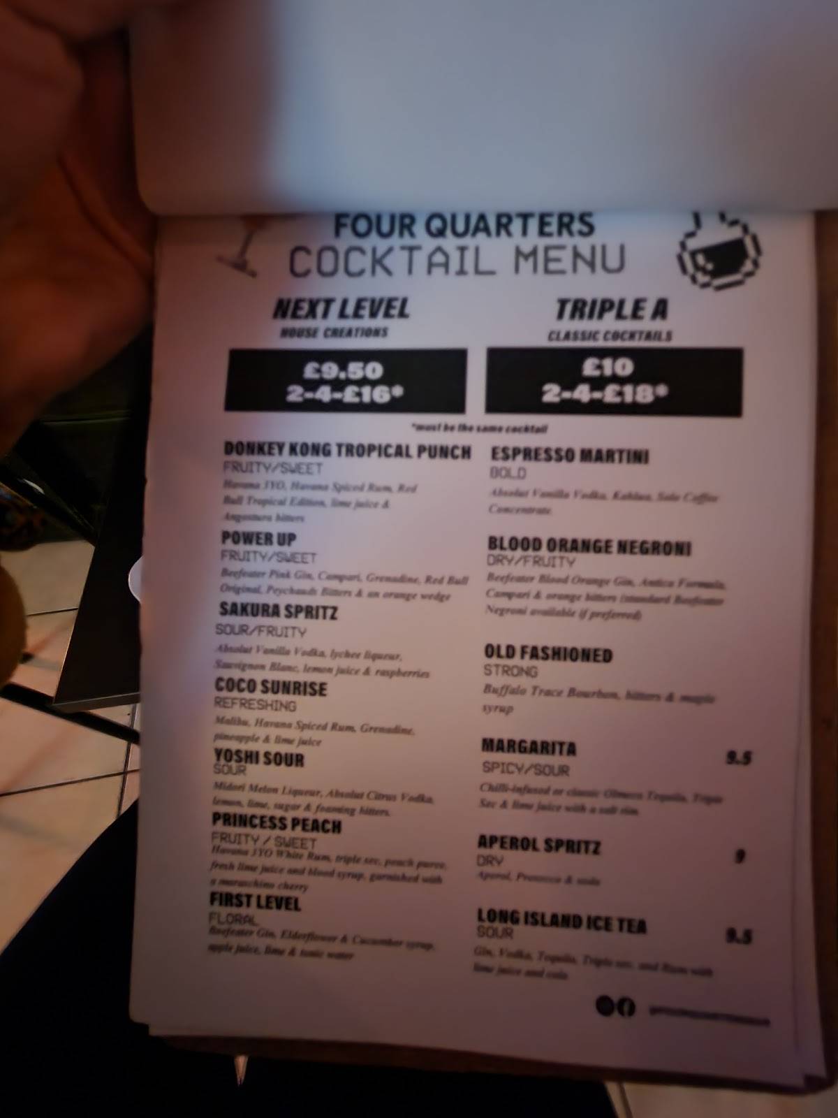 Menu at Four Quarters Peckham pub & bar, London, 187 Rye Ln