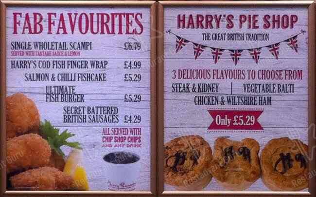 Menu at Harry Ramsden's fast food, London, Eversholt St