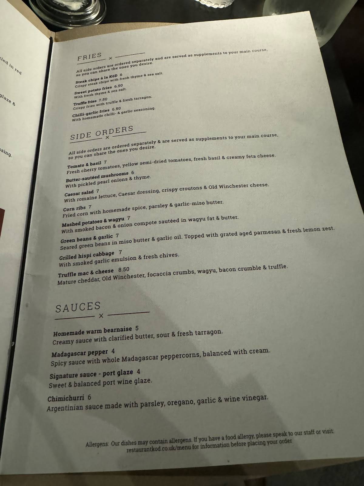 Menu at KöD Soho steakhouse, London