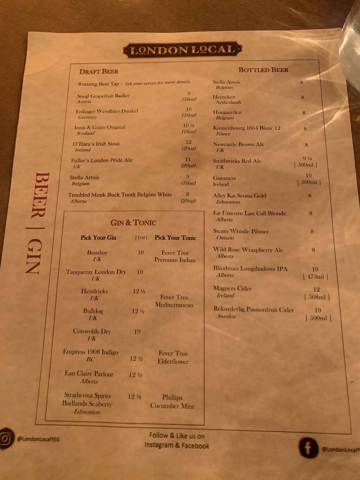 Menu at London Local restaurant, Edmonton, Ellwood Dr SW