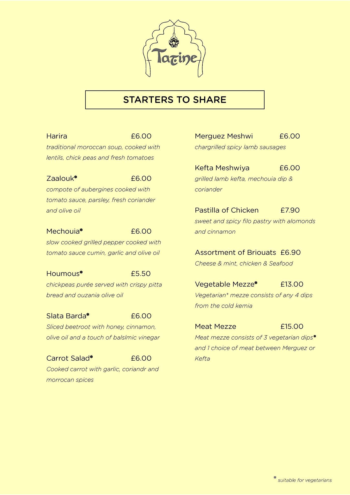 Menu at Tagine Restaurant, London, 1-3 Fernlea Rd