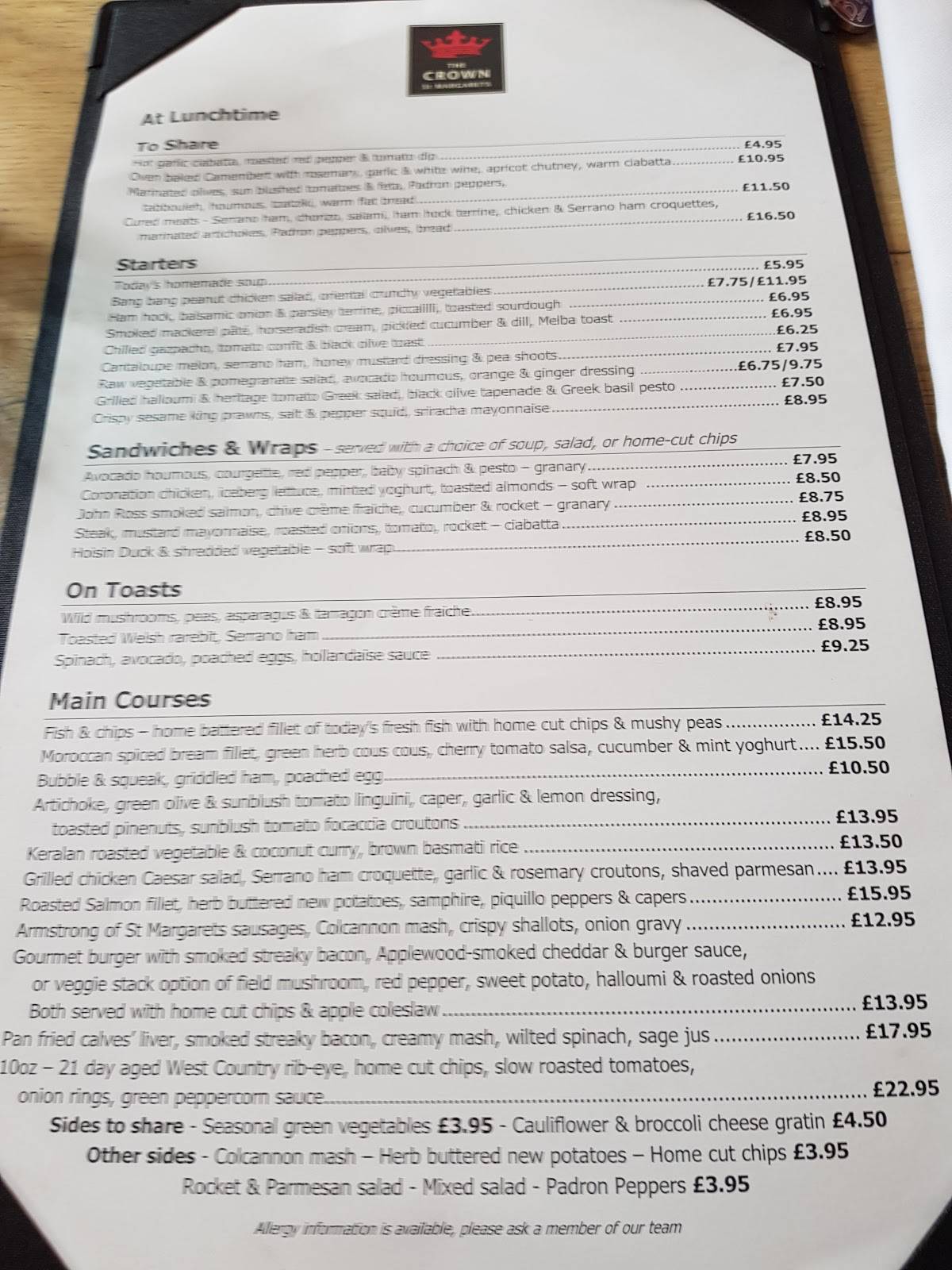 Menu at The Crown pub & bar, Twickenham, 174 Richmond Rd