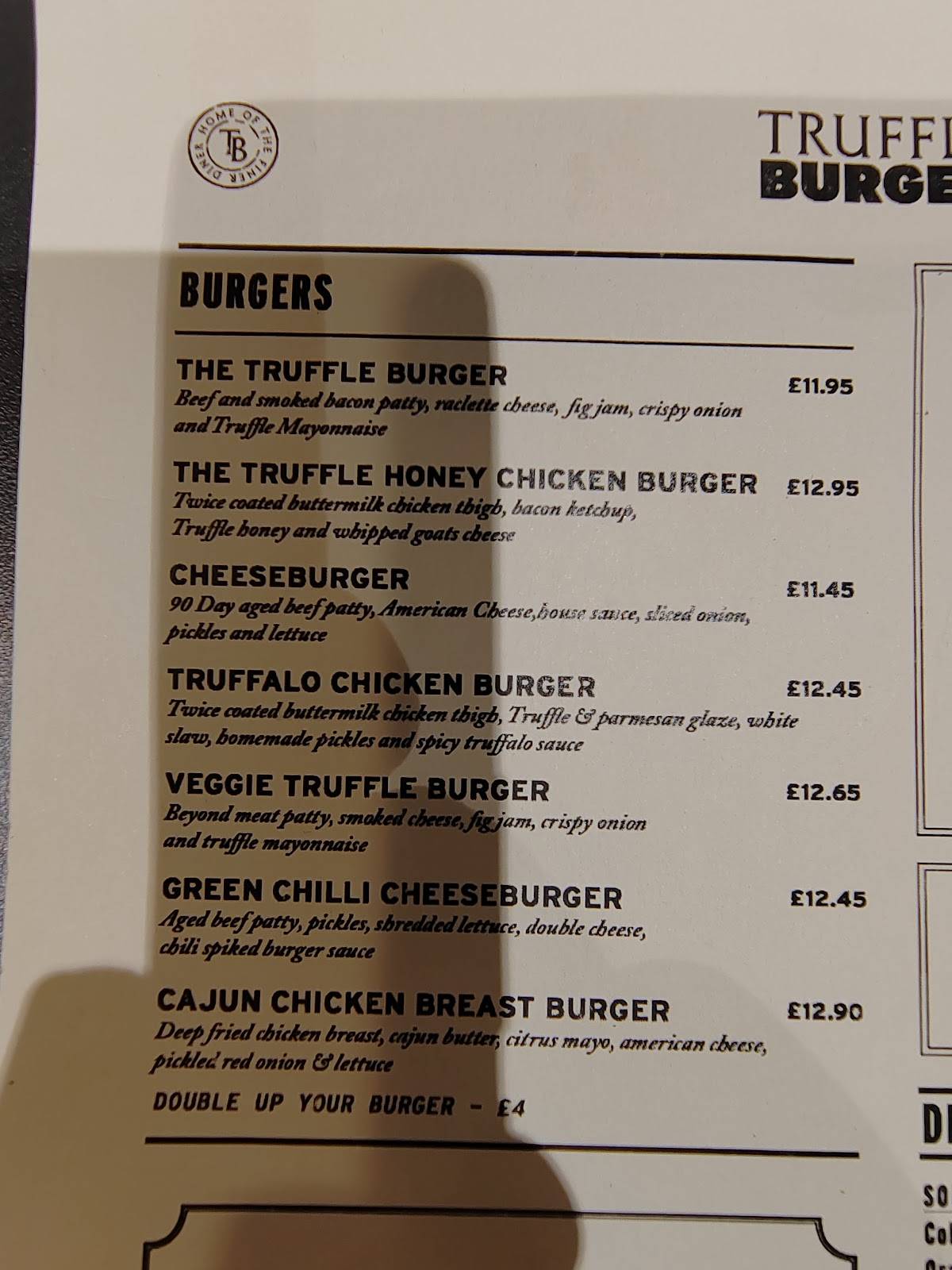 Menu at Truffle Burger Soho restaurant, London, 22 Bateman St