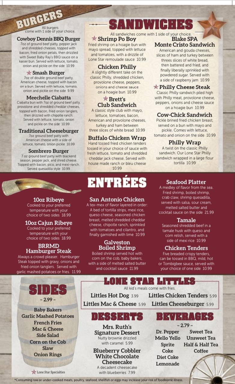 Menu at Lone Star Schooner Bar & Grill, Tupelo