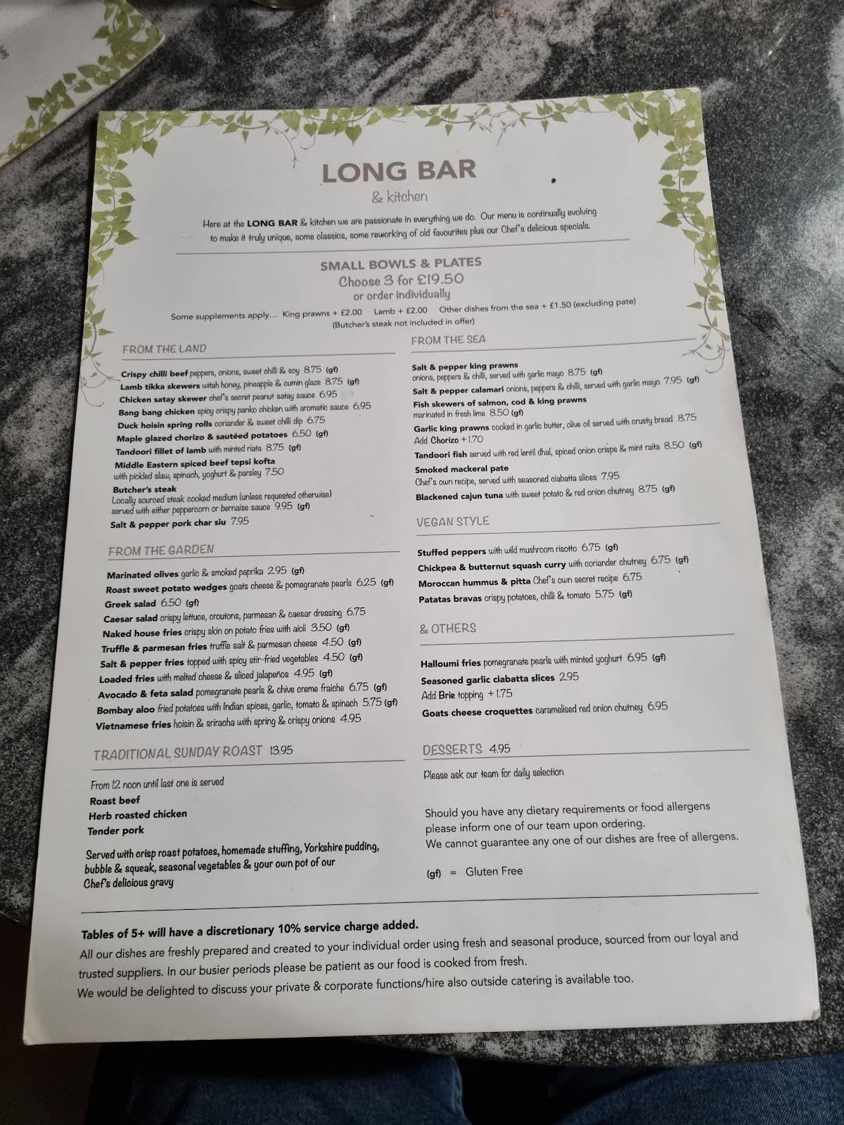 Menu at Long Bar, Stockport