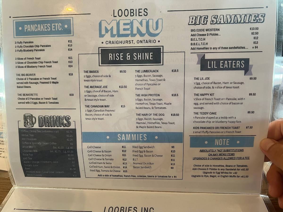 Menu at Loobies restaurant, Craighurst