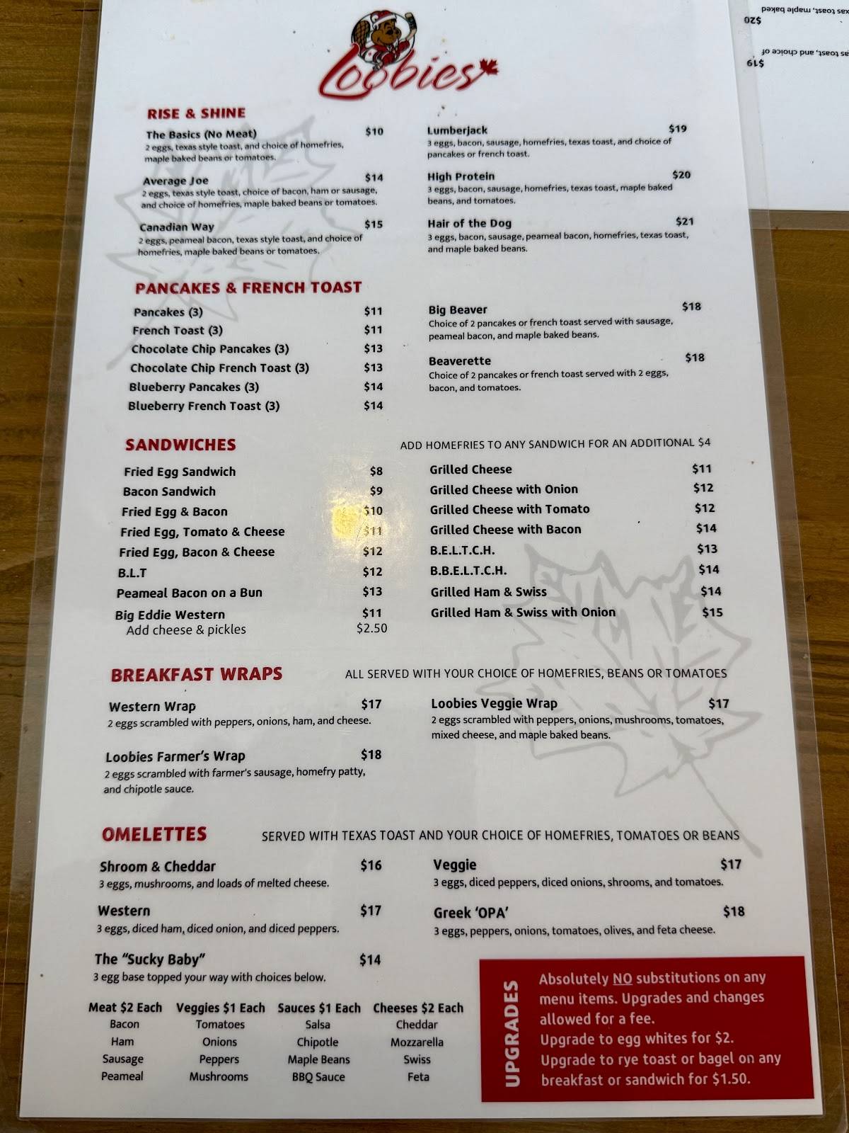 Menu at Loobies restaurant, Craighurst