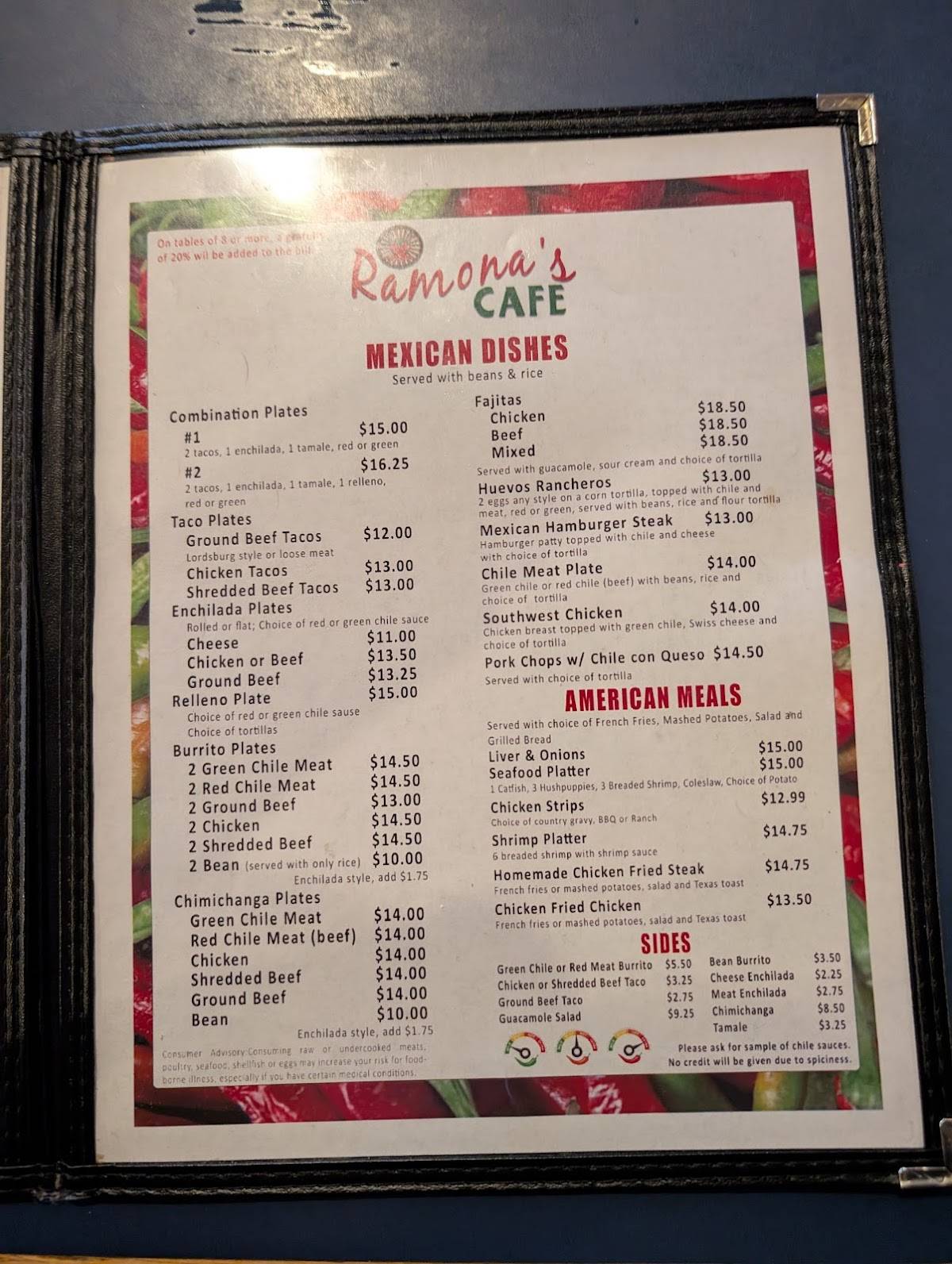 Menu at Ramona's Cafe, Lordsburg