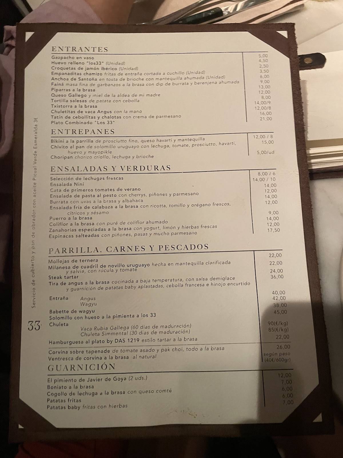 Carta de Los 33 Restaurante, Madrid