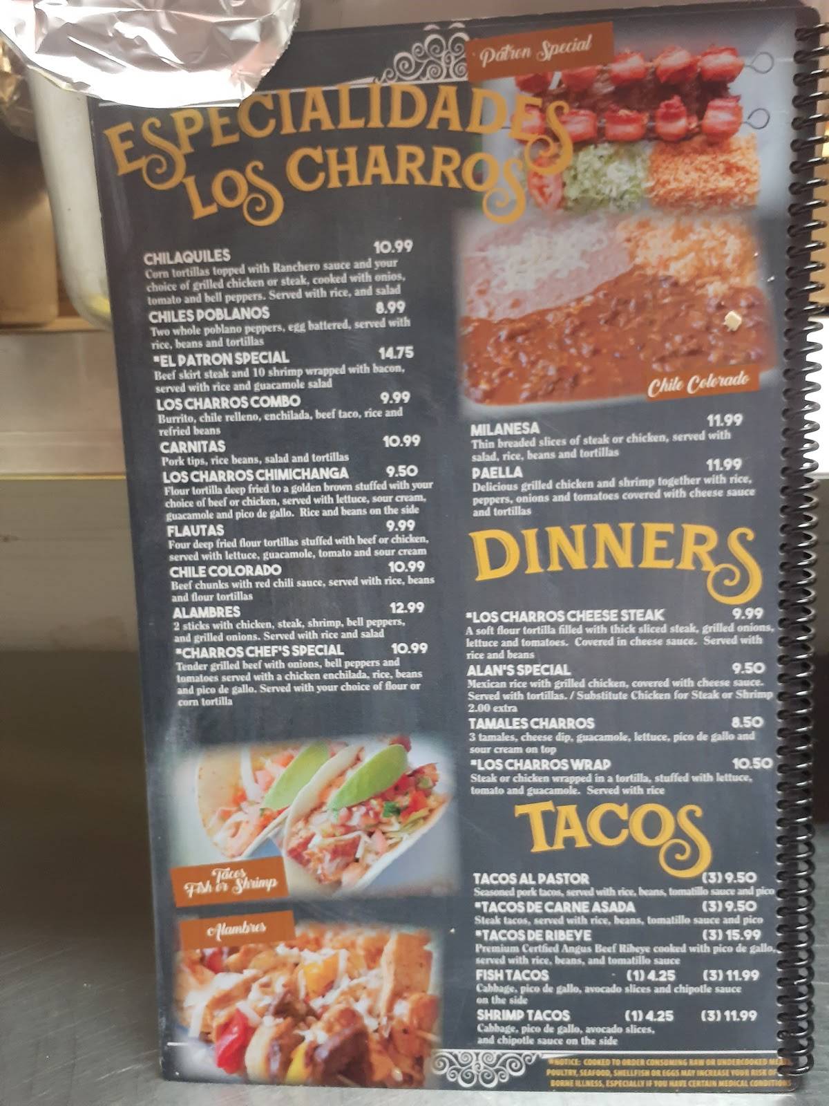Menu at Los Charros restaurant, Macomb