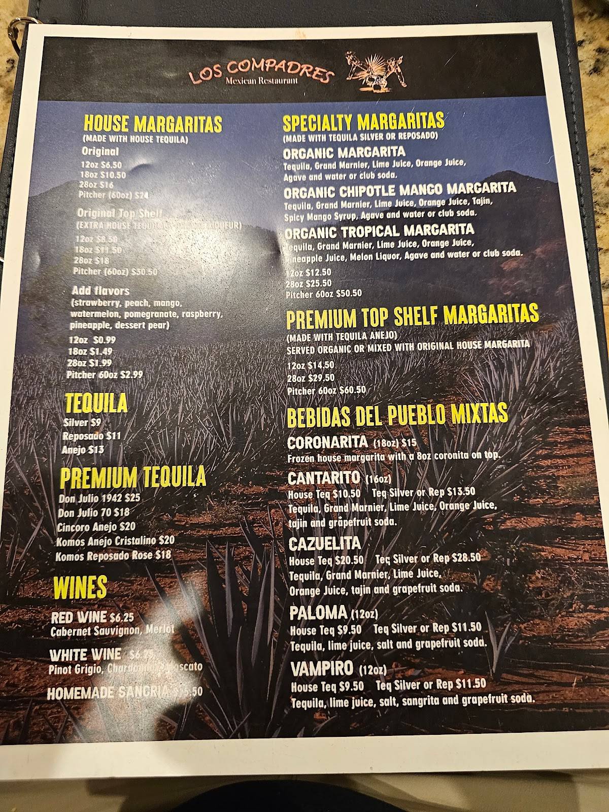 Menu at Los Compadres Tequila Barrel, Lebanon