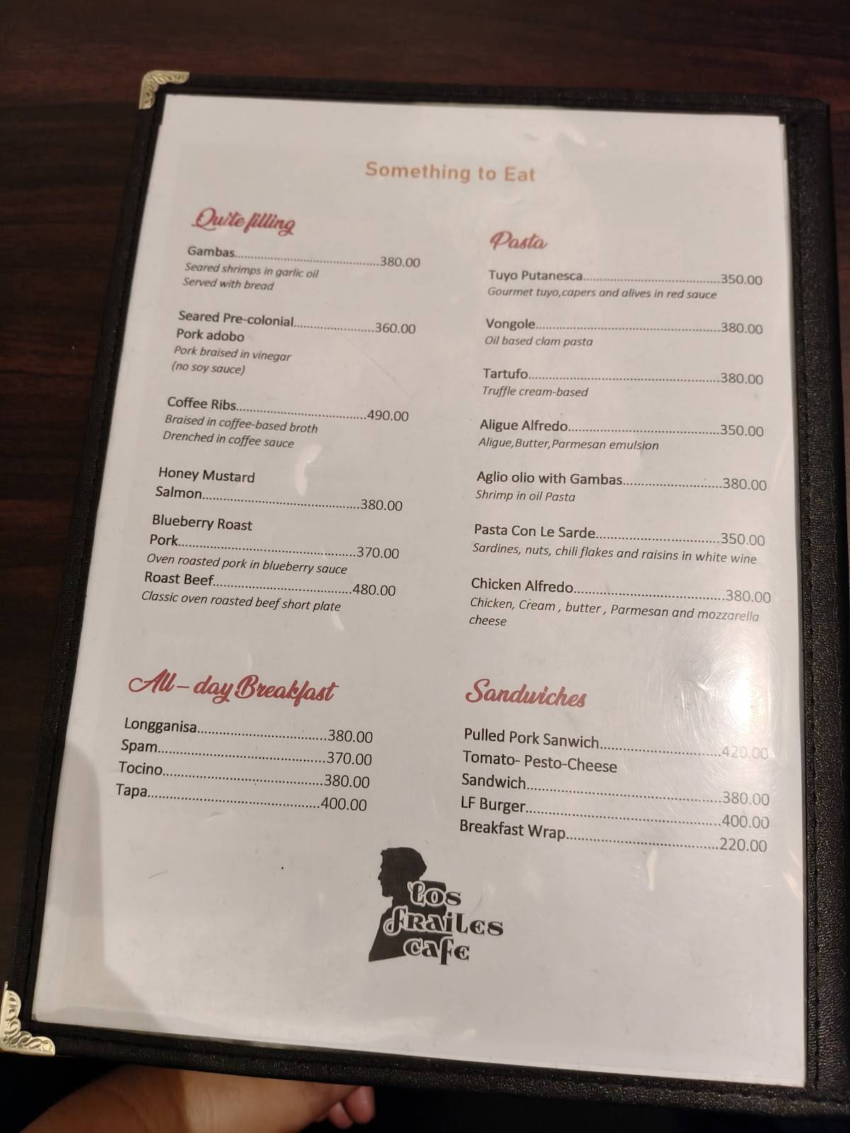 Menu at Los Frailes Cafe, Manila