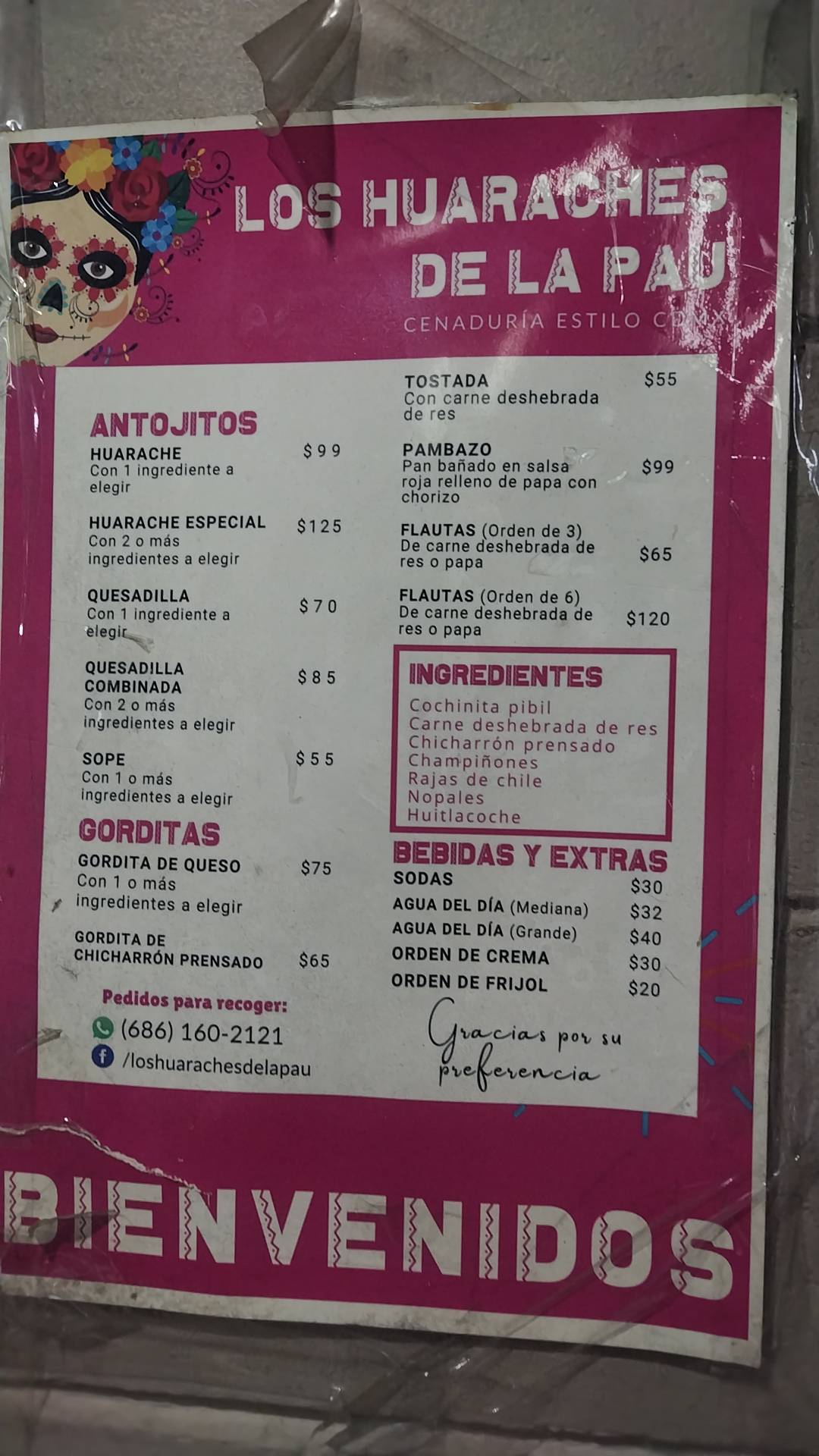 Carta del restaurante Los Huaraches del la Pau, Mexicali
