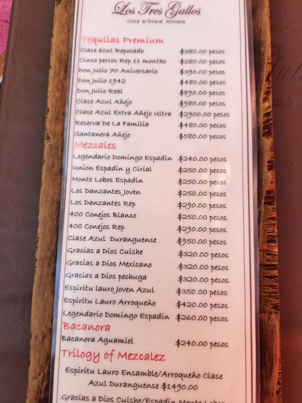 Menu at Los Tres Gallos restaurant, San José del Cabo