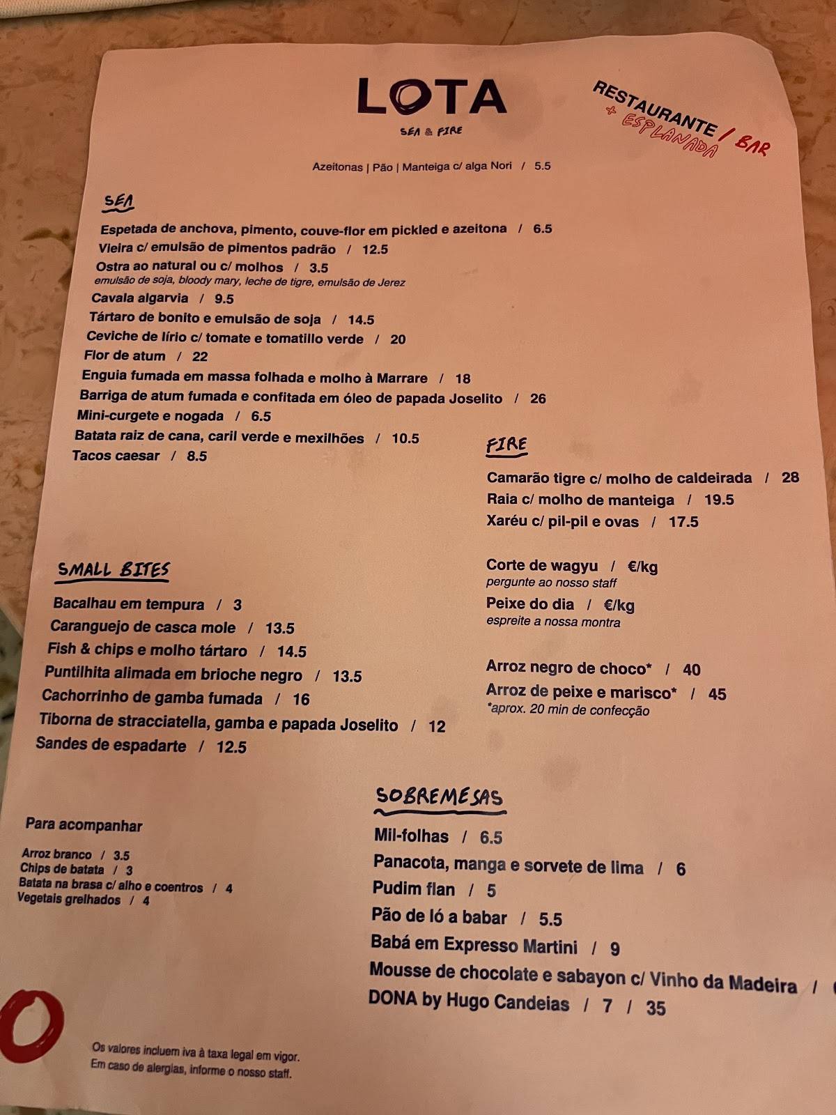 Menu at Lota Sea & Fire restaurant, Lisbon