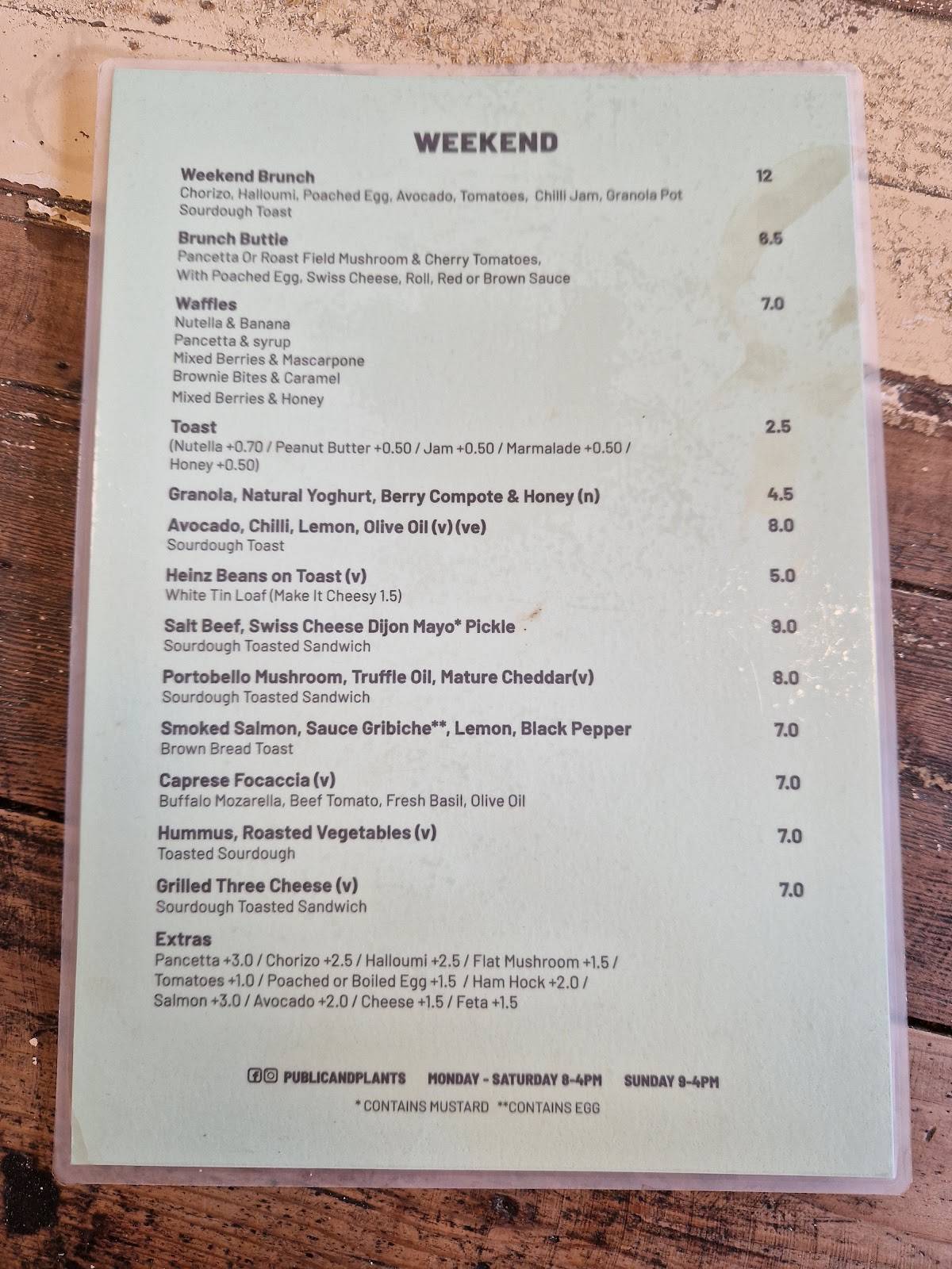 Menu at Public, Loughborough