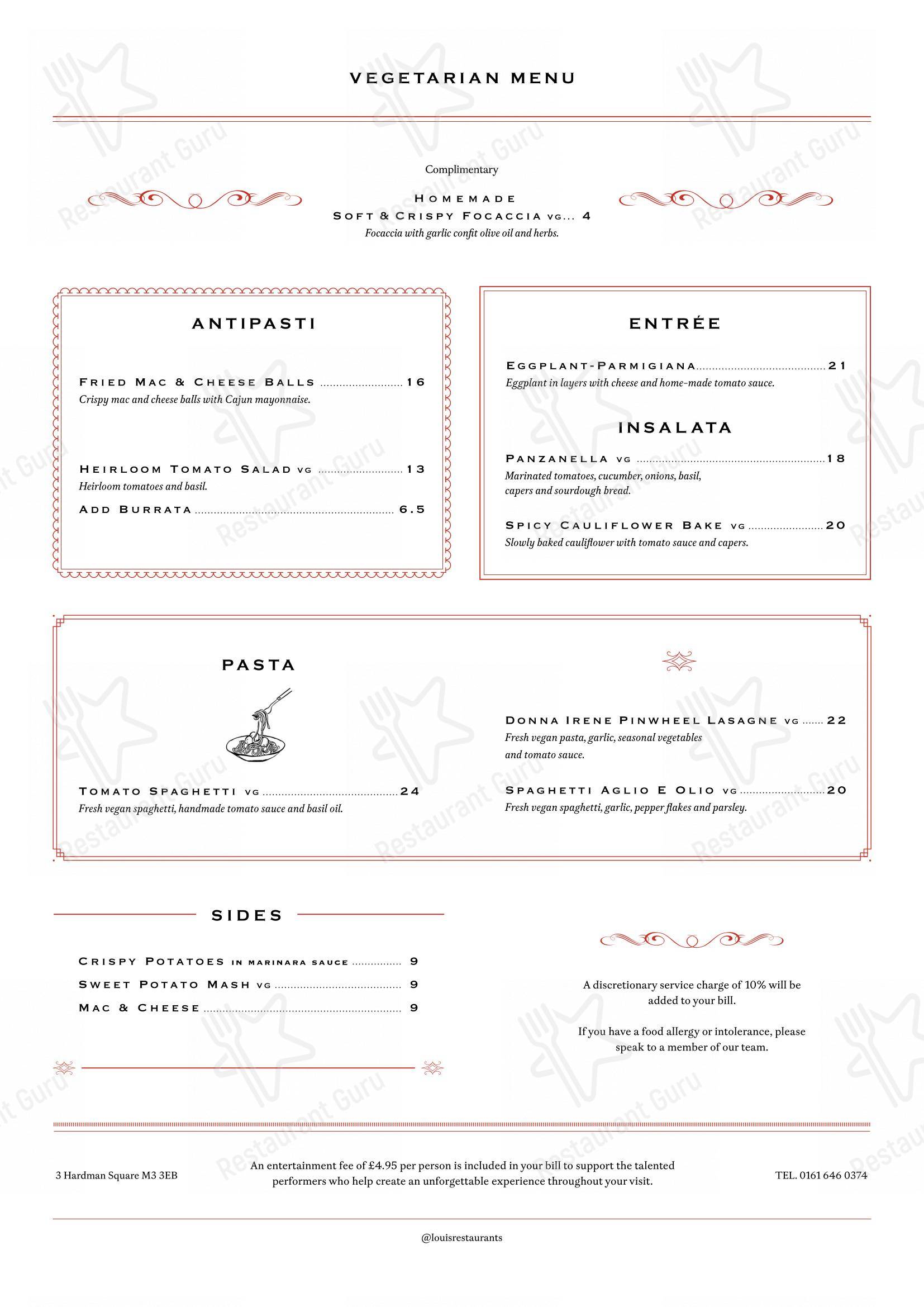 Menu at Louis Restaurant, Manchester