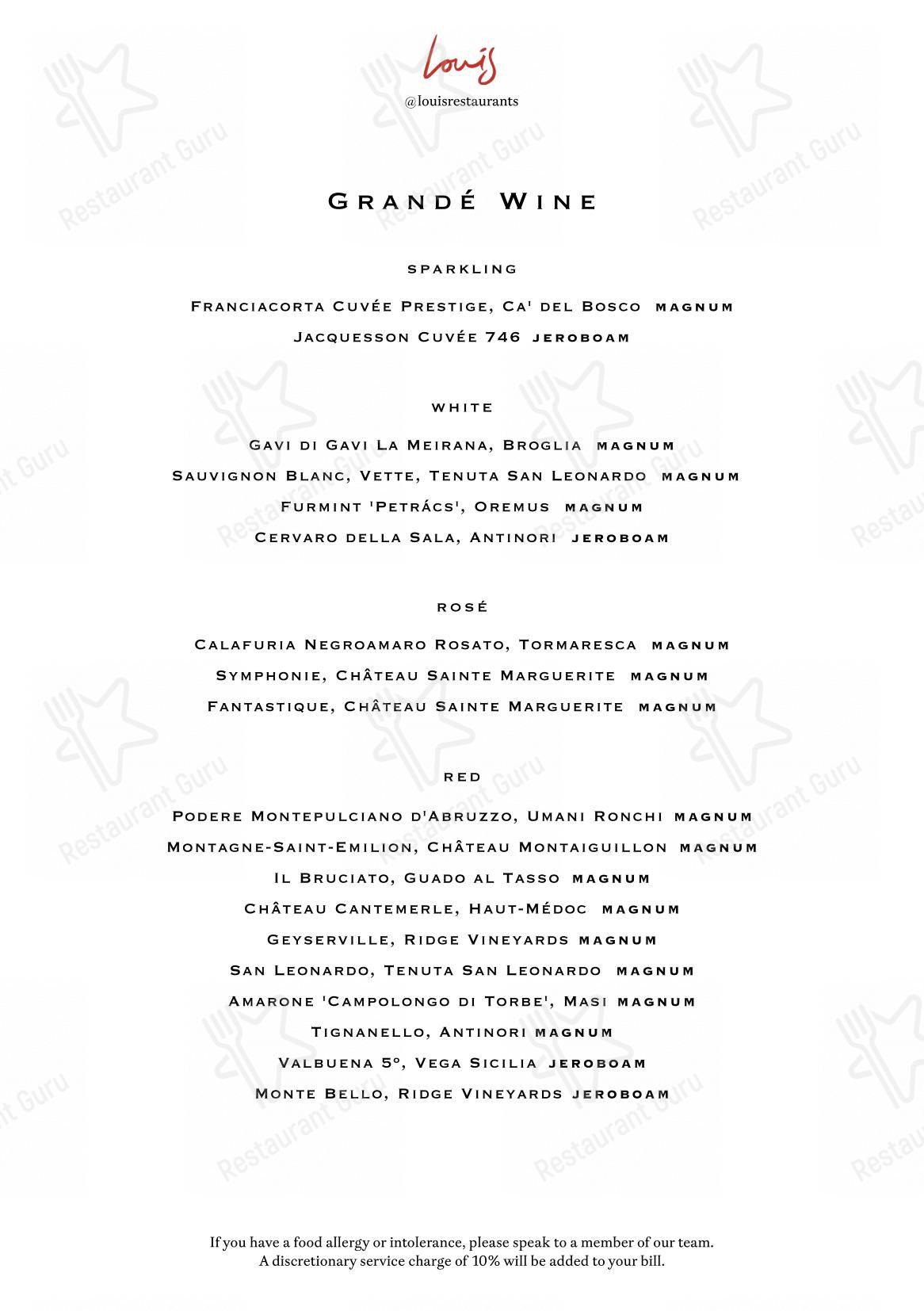 Menu at Louis Restaurant, Manchester