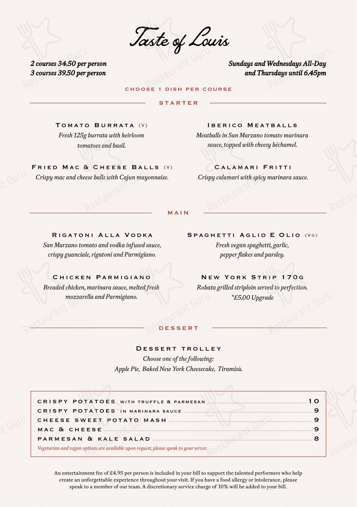 Menu at Louis Restaurant, Manchester