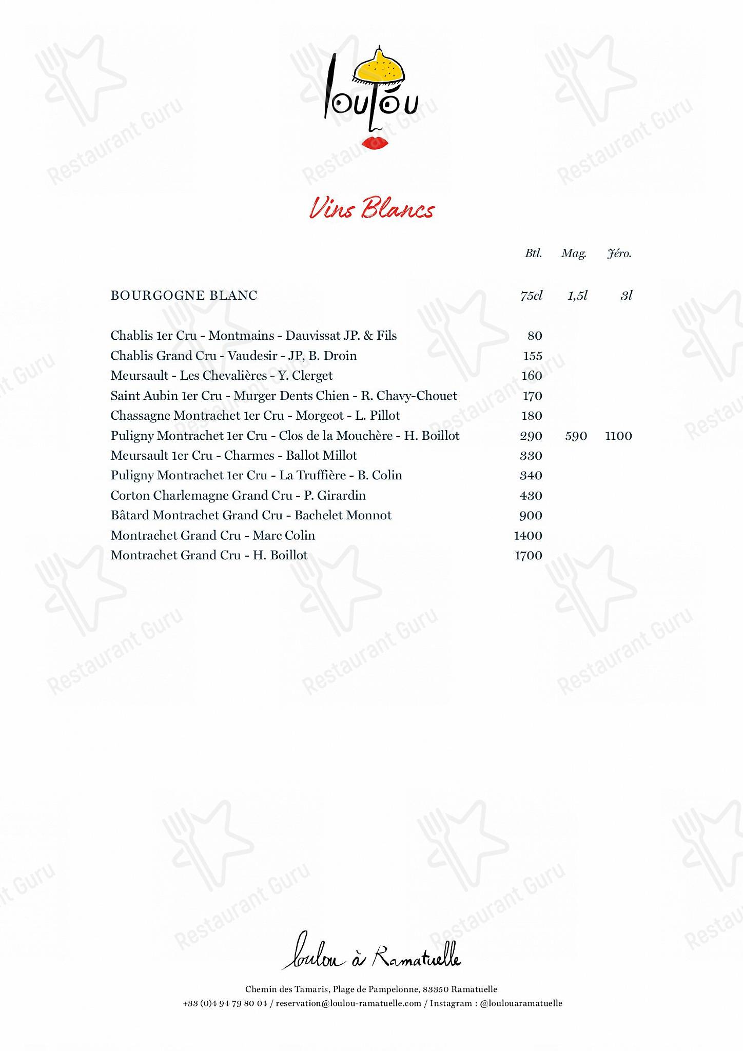 Menu au Loulou à Ramatuelle restaurant, Ramatuelle