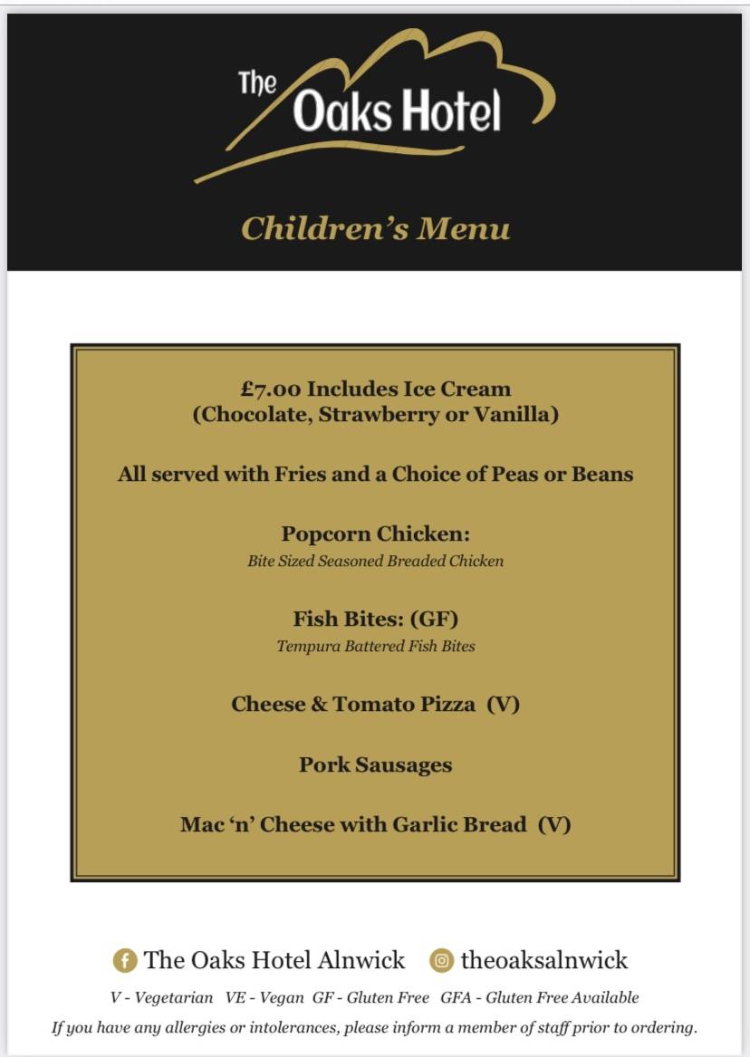 Menu at The Oaks Hotel pub & bar, Alnwick