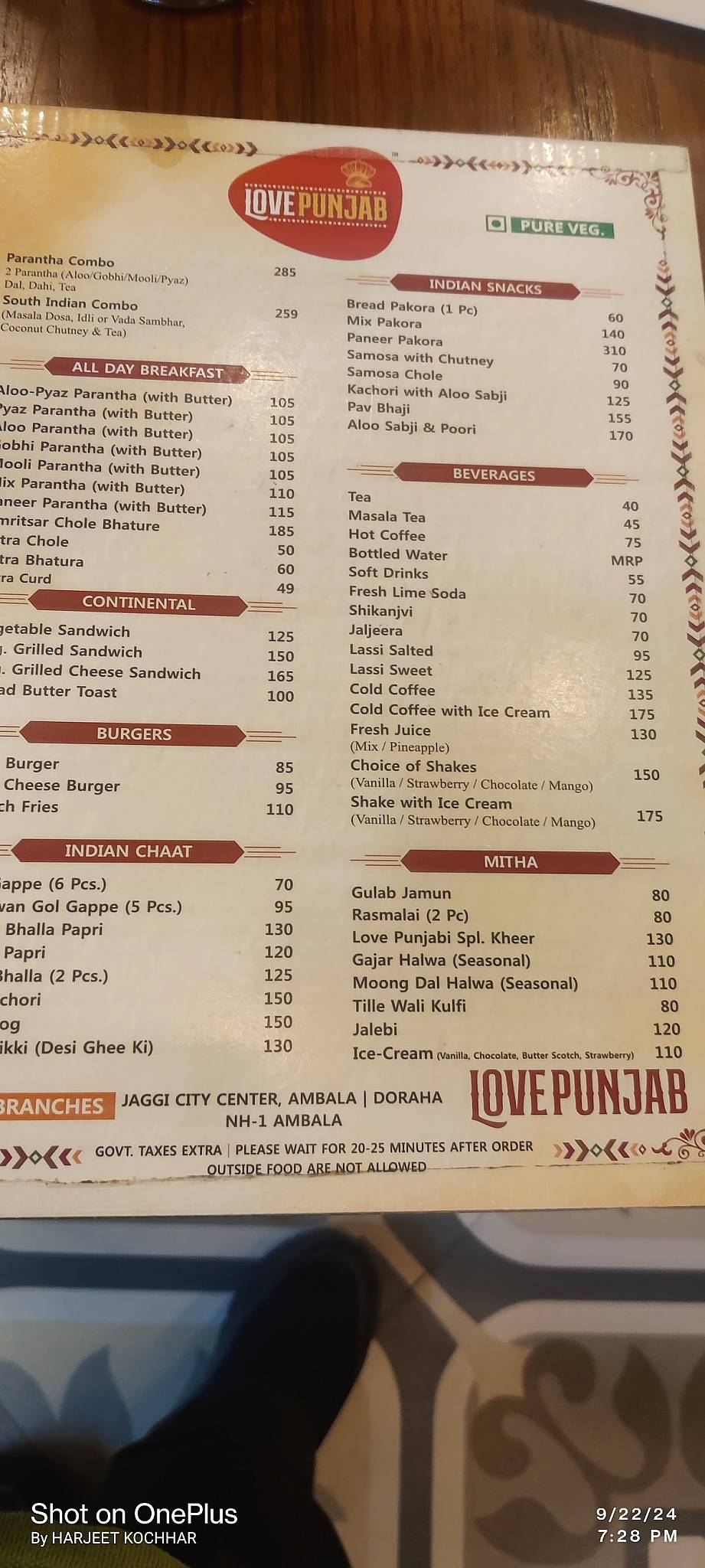 Menu at Love Punjab Haveli, Ambala