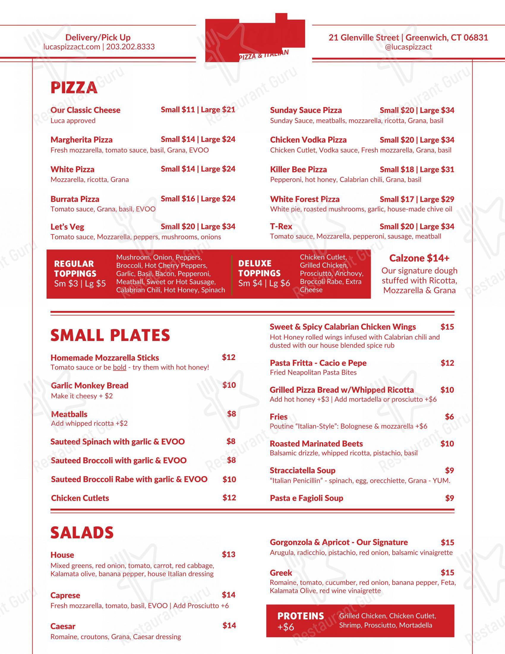 Menu at Luca’s Pizza pizzeria, Greenwich
