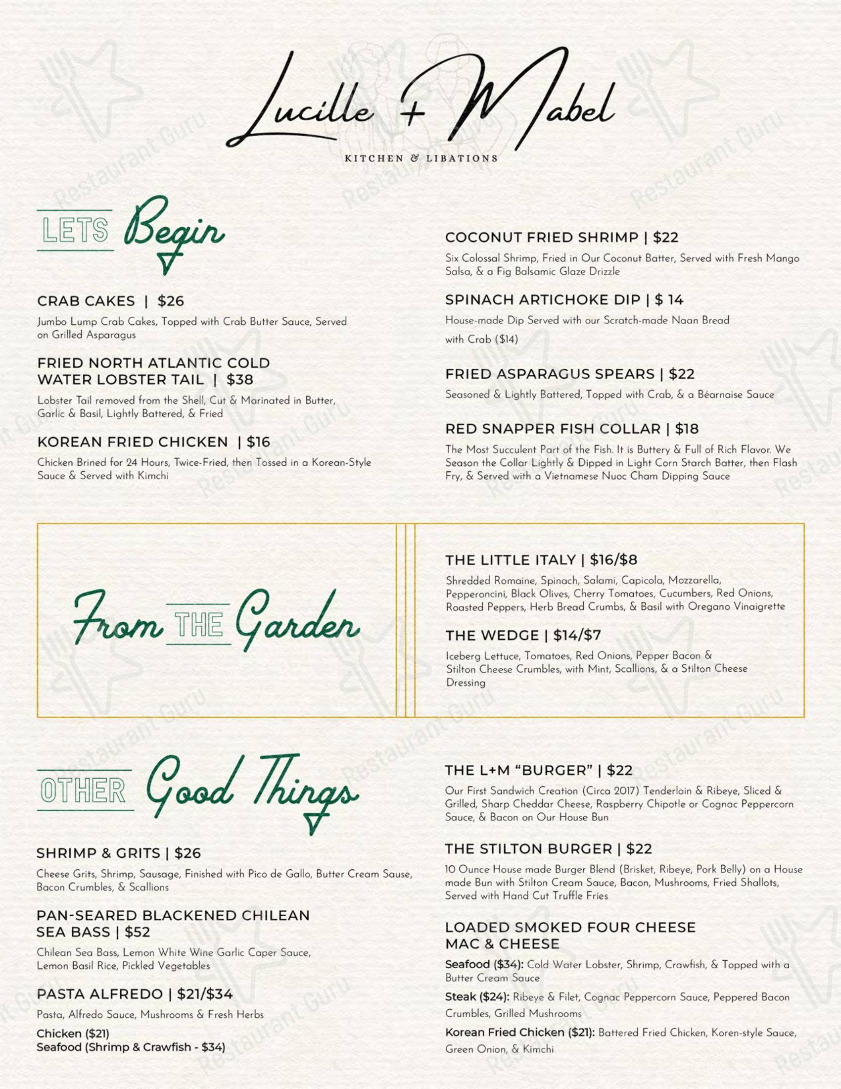 Menu at Lucille + Mabel Kitchen and Libations steakhouse, Brownwood