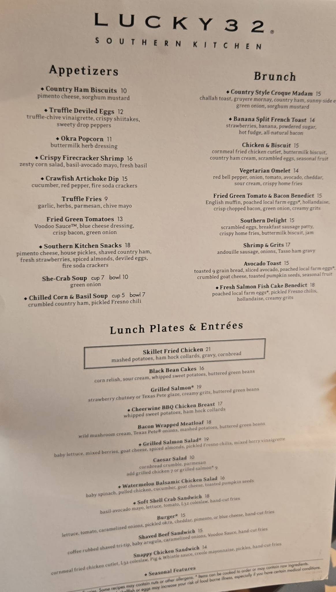 Menu at Lucky 32 Southern Kitchen restaurant, Greensboro