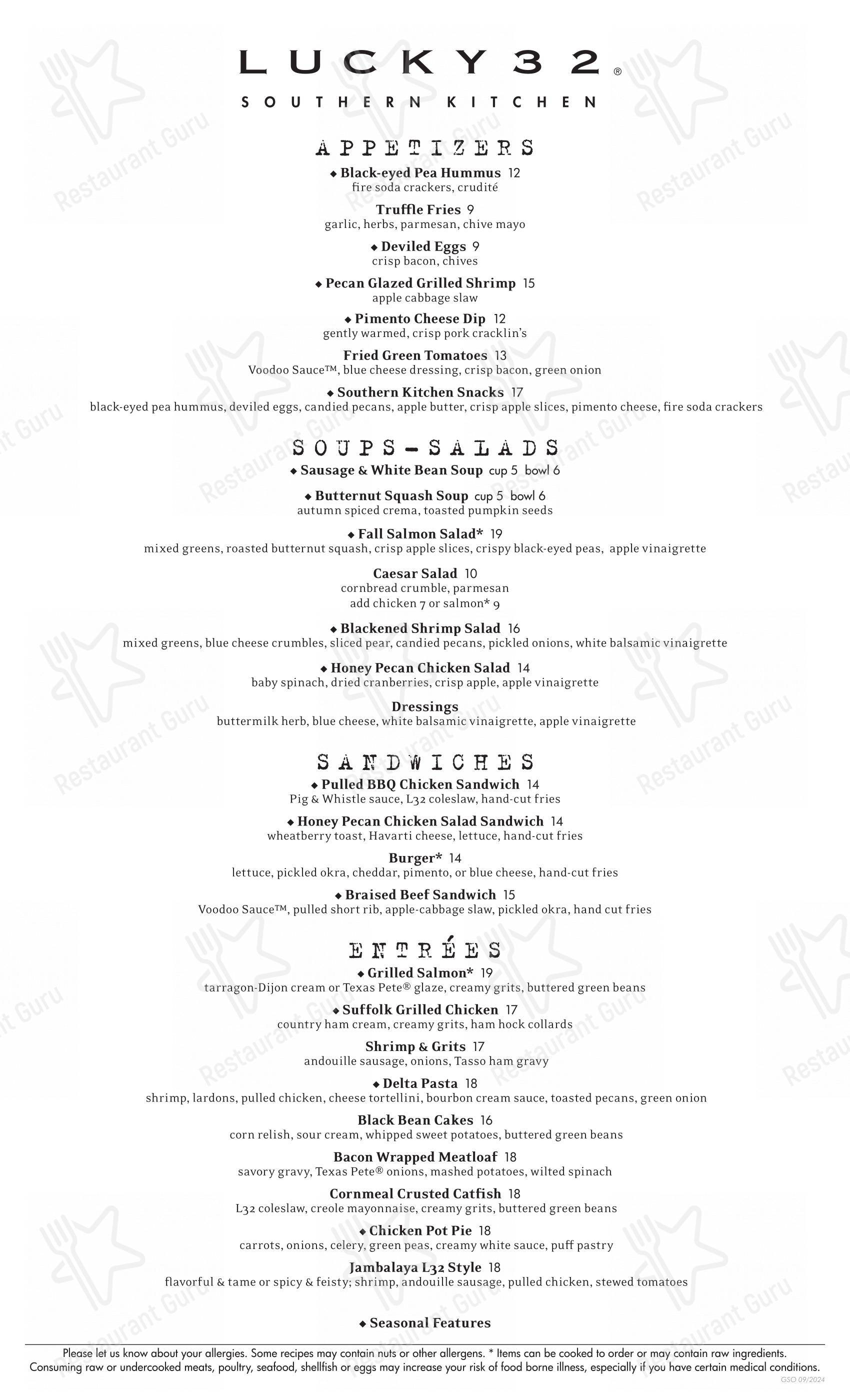 Menu at Lucky 32 Southern Kitchen restaurant, Greensboro