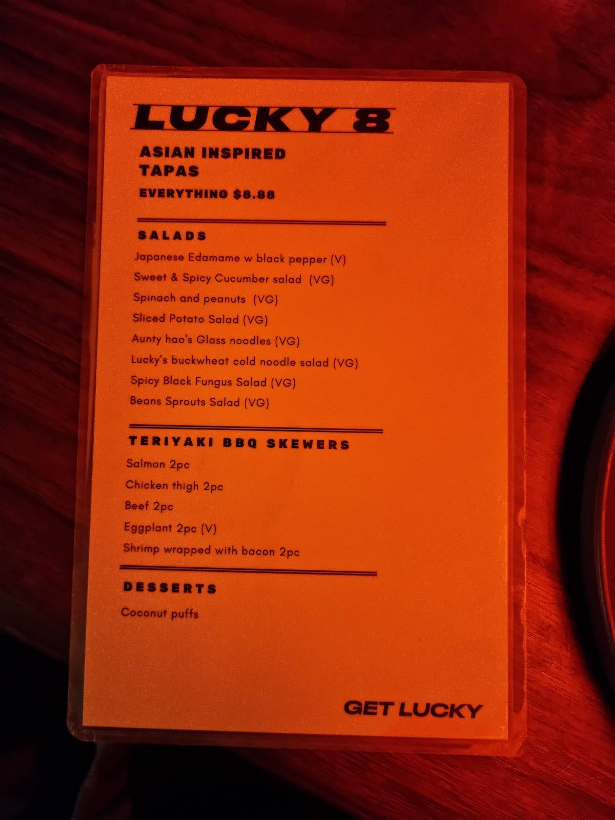 Menu at Lucky 8 restaurant, Auckland
