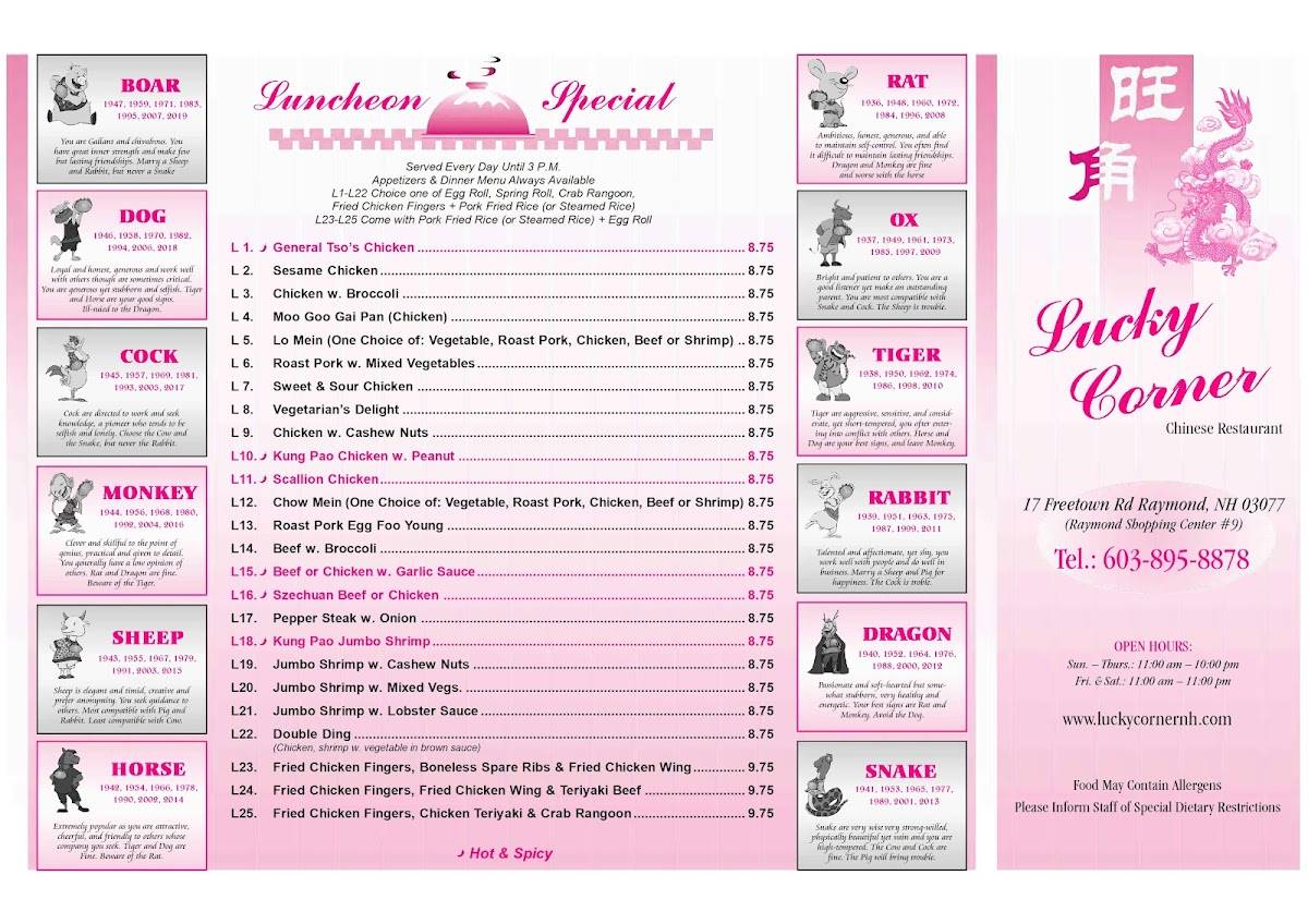 Menu at Lucky Corner restaurant, Raymond