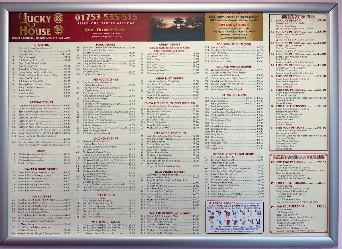 Menu at Lucky House fast food, Slough