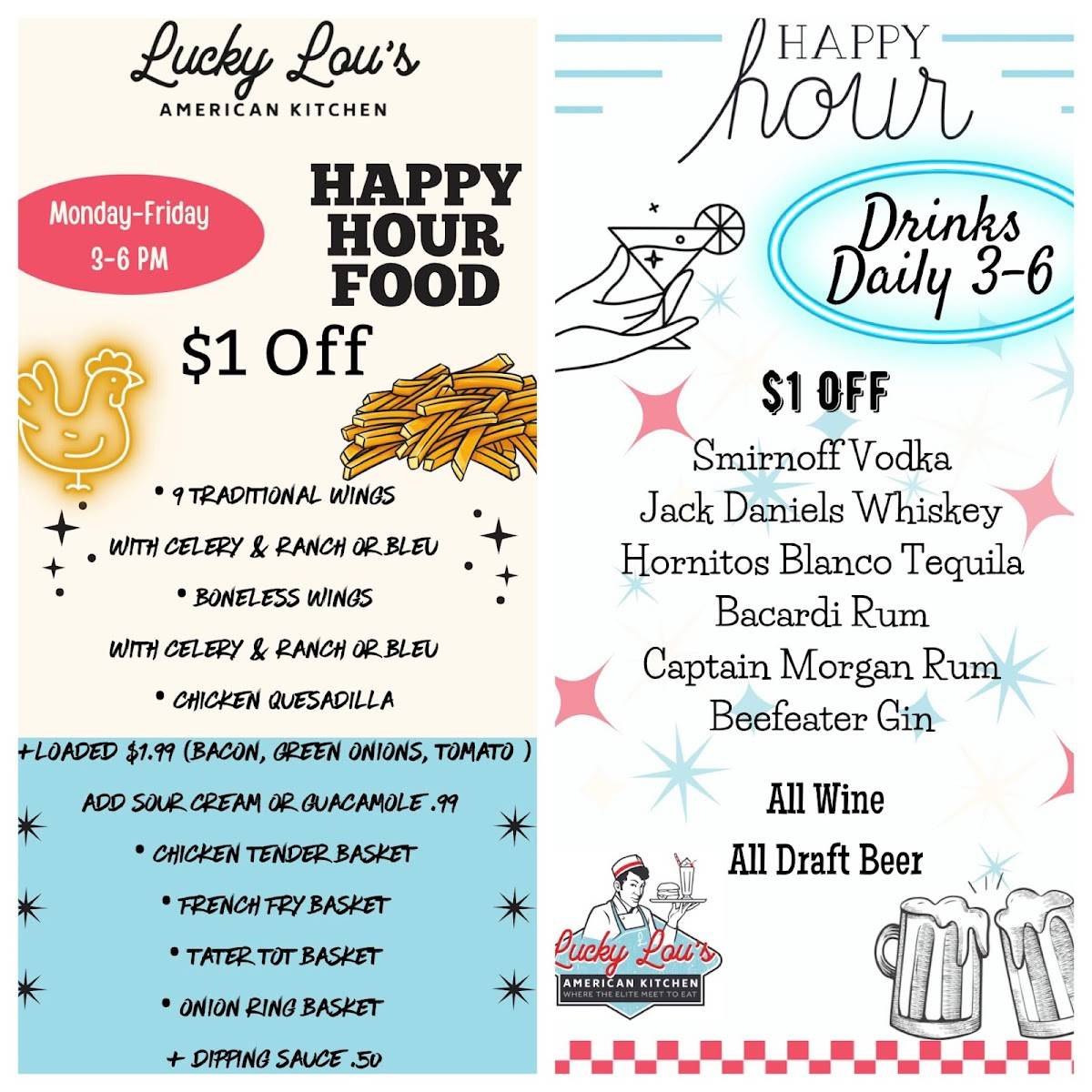 Menu at Lucky Lou’s American Kitchen restaurant, Mesa