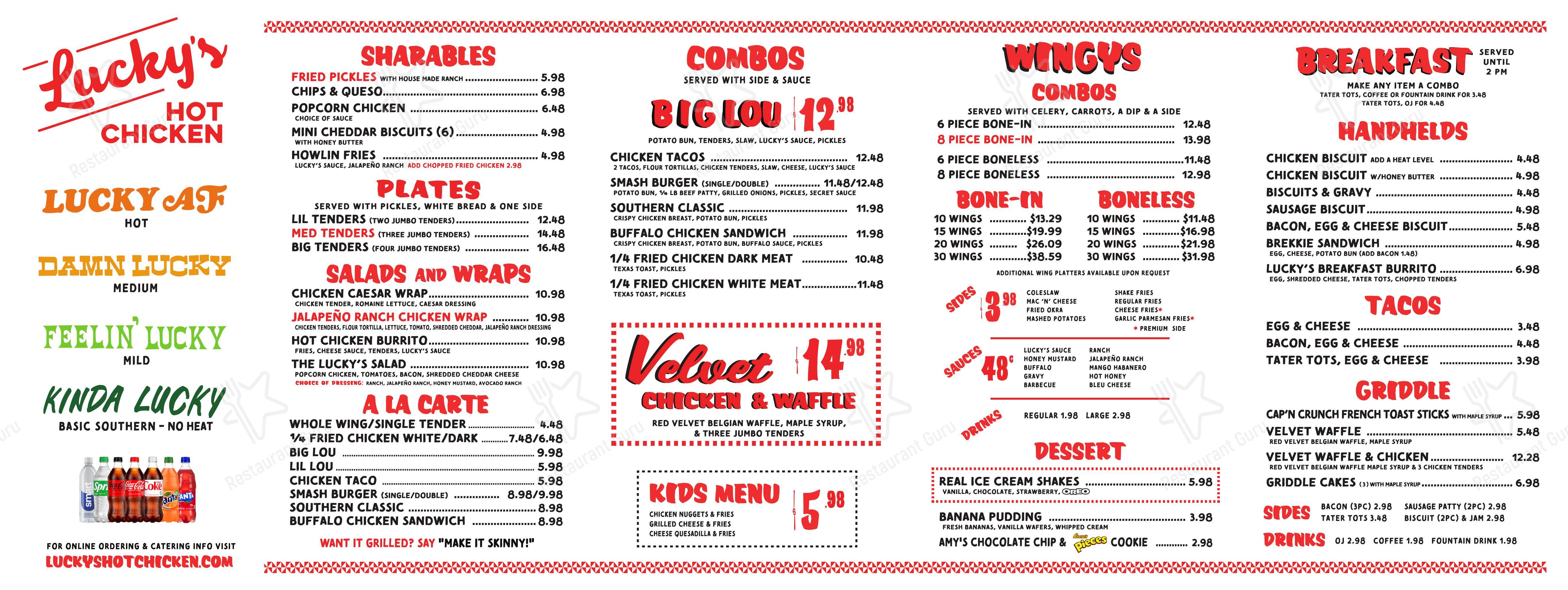 Menu at Lucky's Hot Chicken restaurant, Dallas, Gaston Ave
