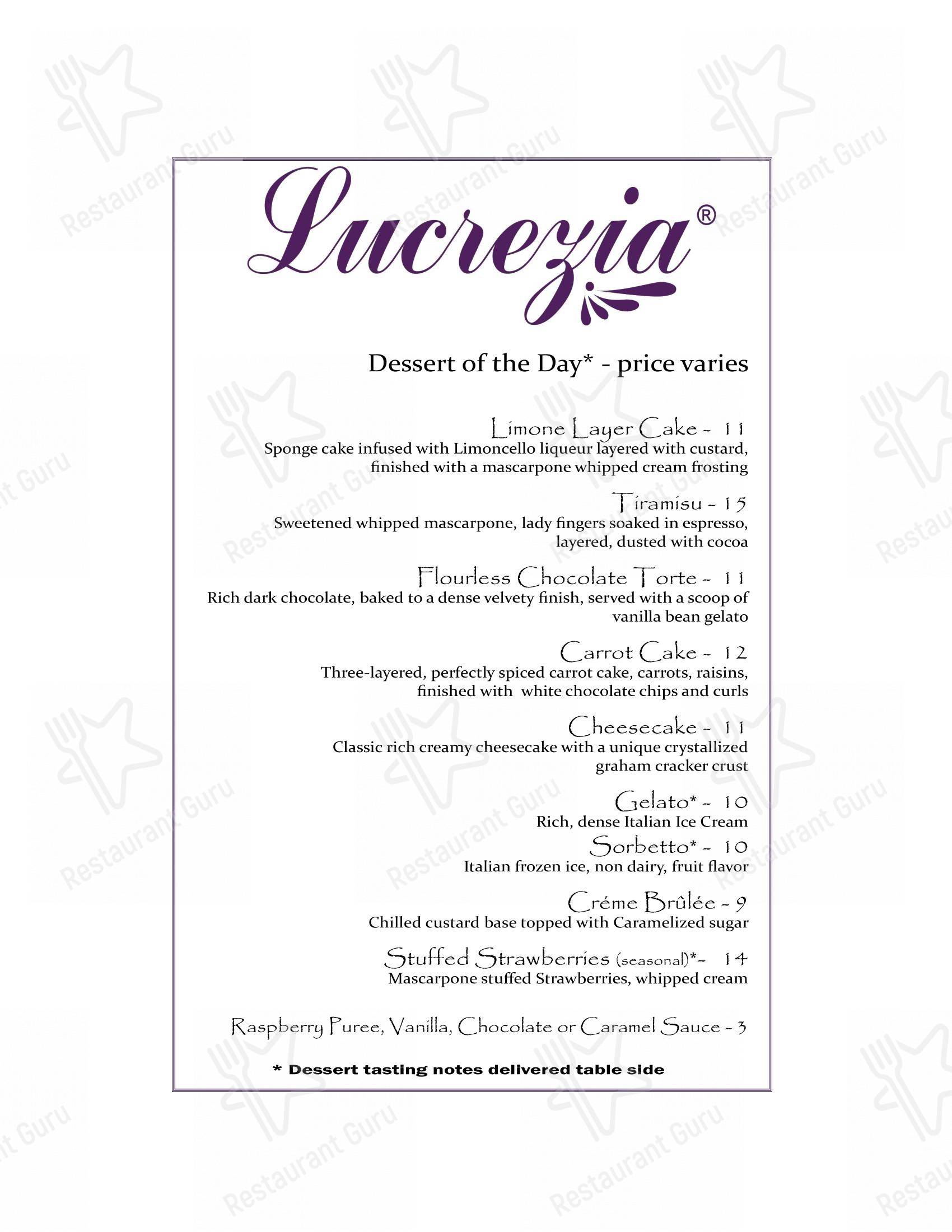 Menu at Lucrezia Italian Ristorante pub & bar, Crown Point