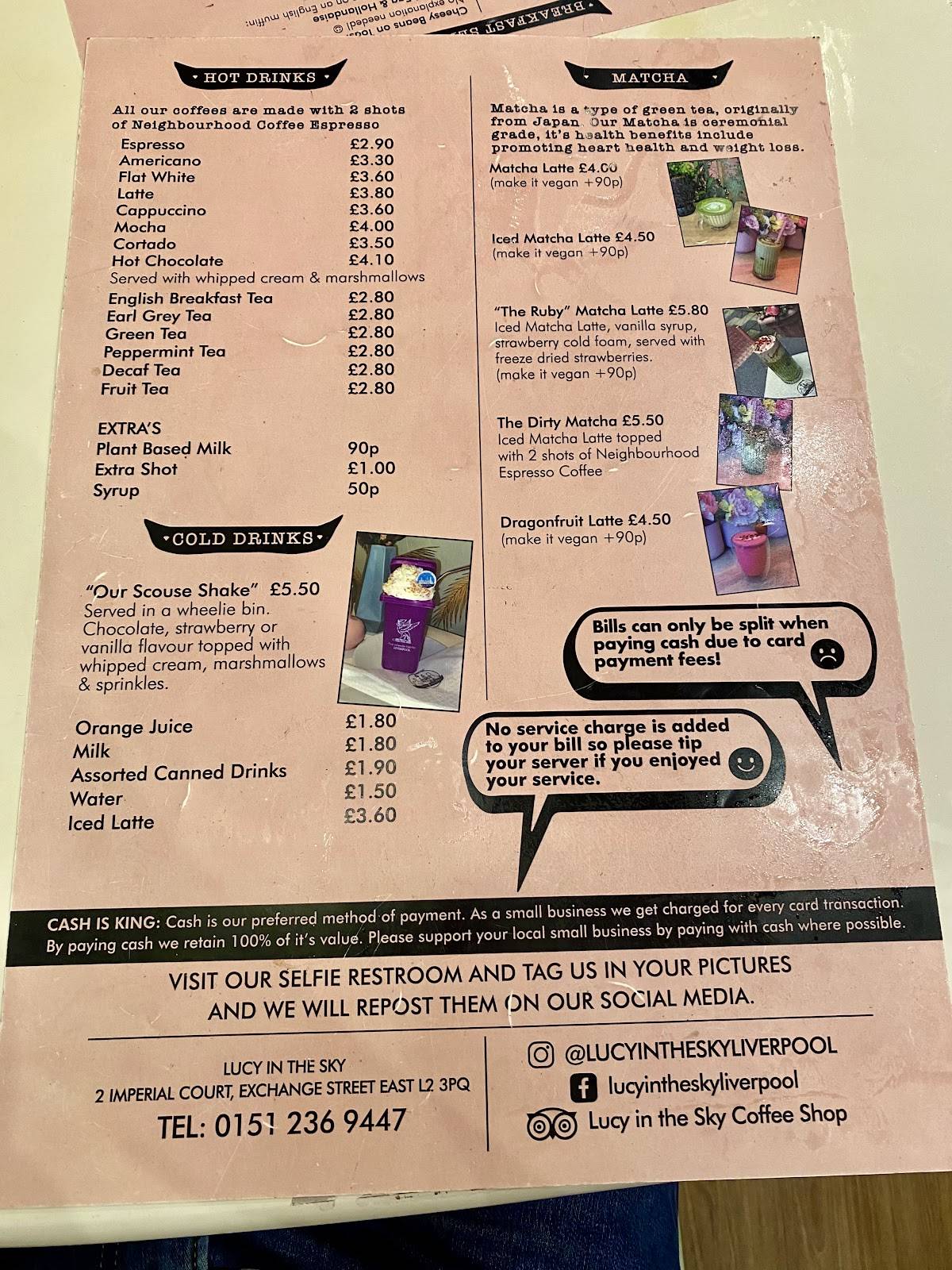 Menu at Lucy In The Sky Coffee Shop cafe, Liverpool