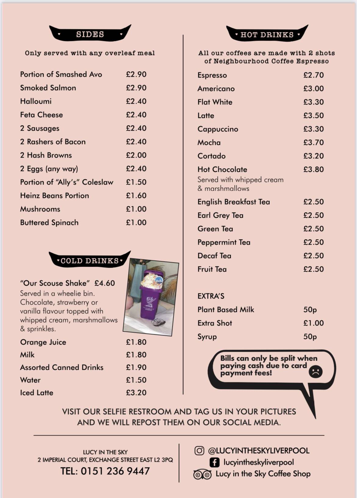 Menu at Lucy In The Sky Coffee Shop cafe, Liverpool
