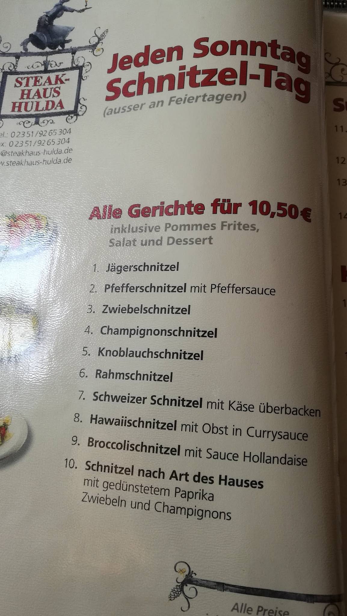 Menu au Steakhaus Hulda, Lüdenscheid