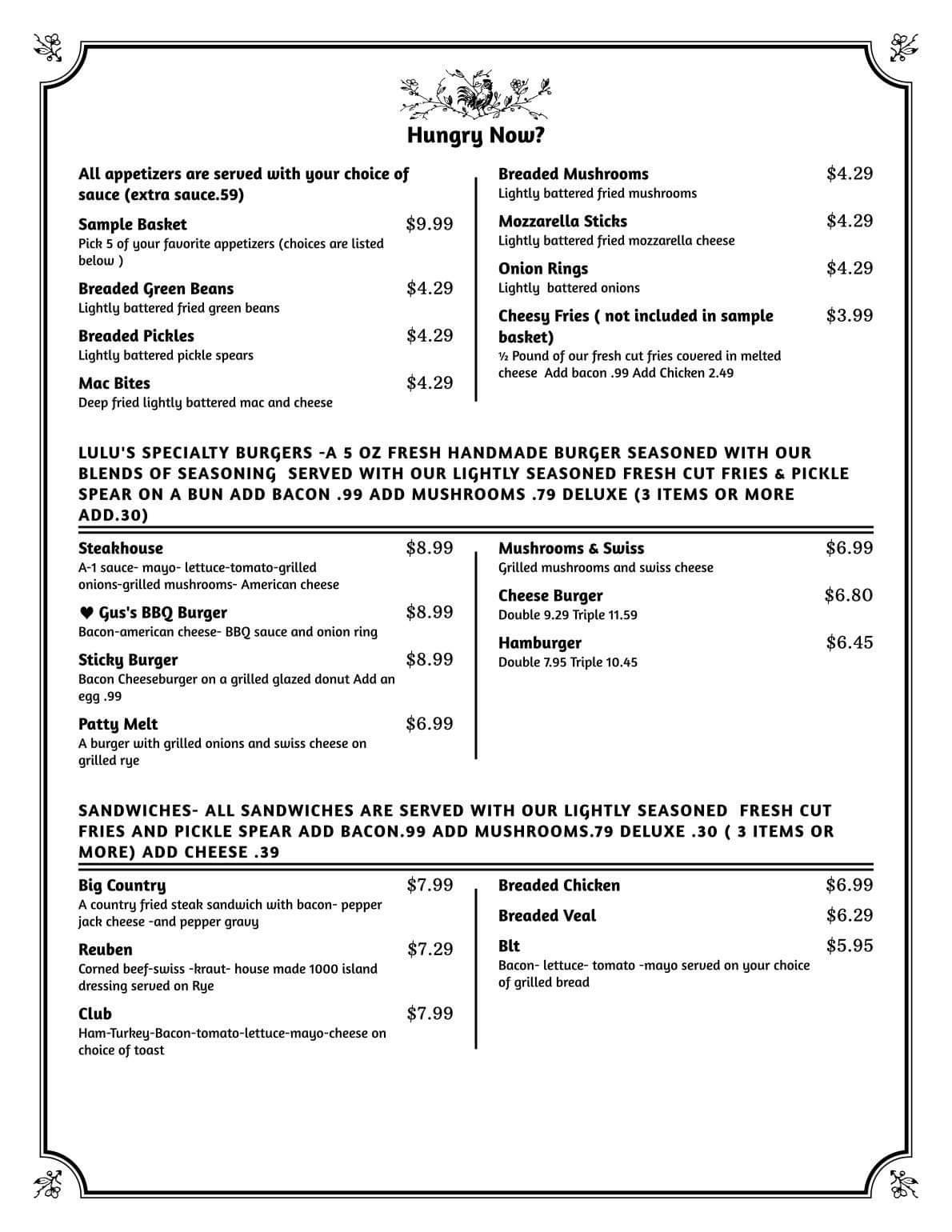 Menu at Lulu's Kitchen restaurant, Bucyrus
