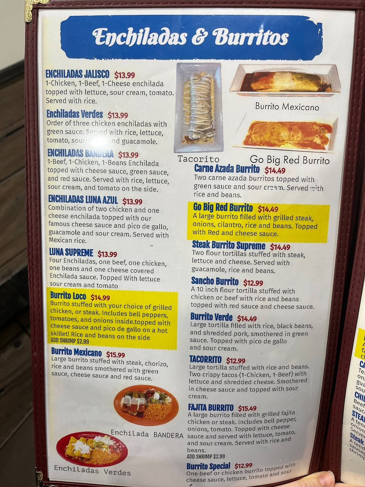 Menu at Luna Azul Mexican Restaurant, Ashland