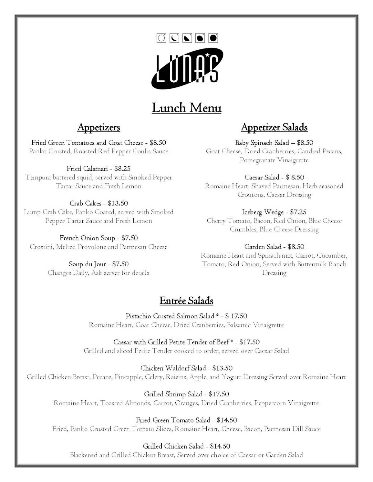 Menu at Luna's Restaurant, Gainesville