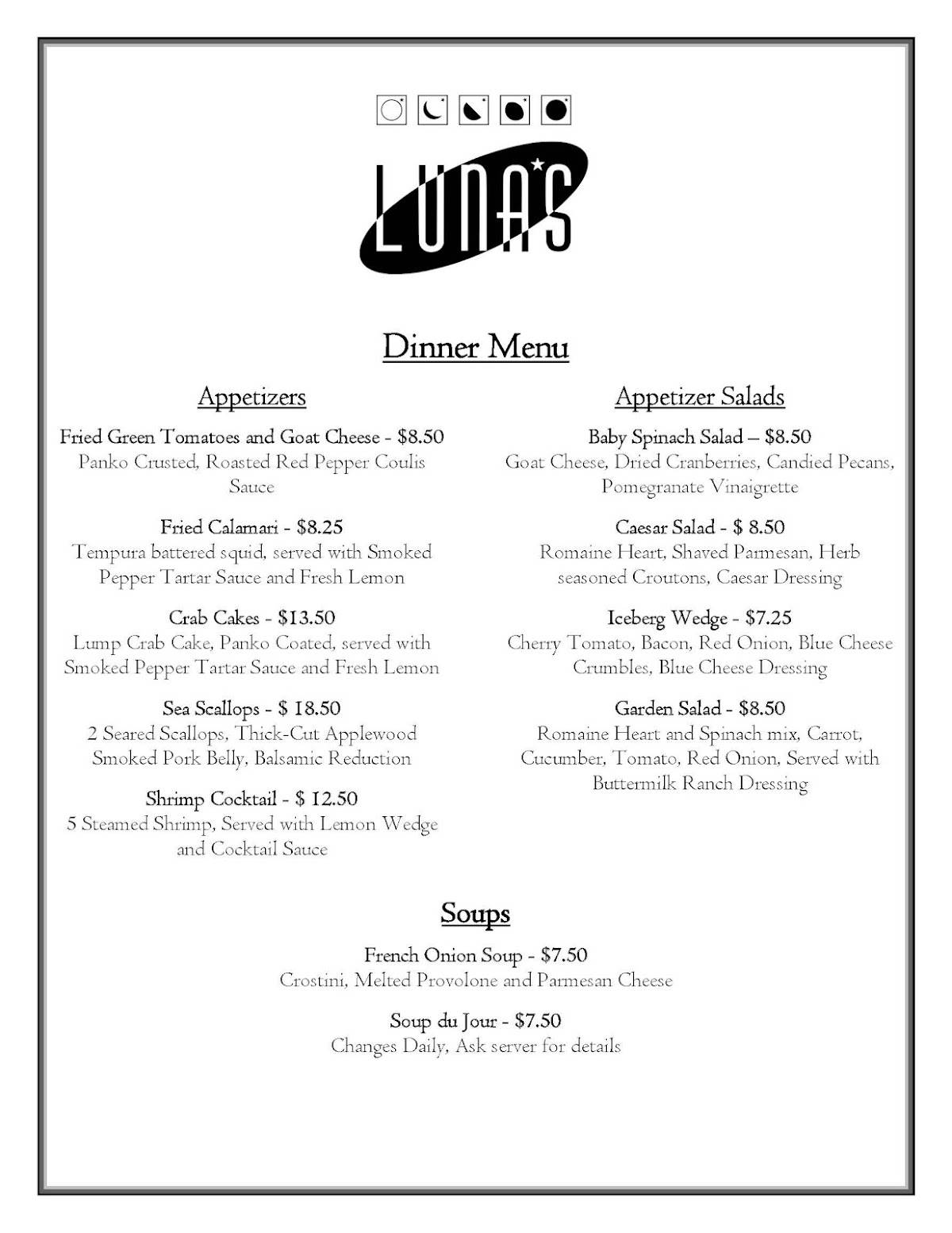 Menu at Luna's Restaurant, Gainesville
