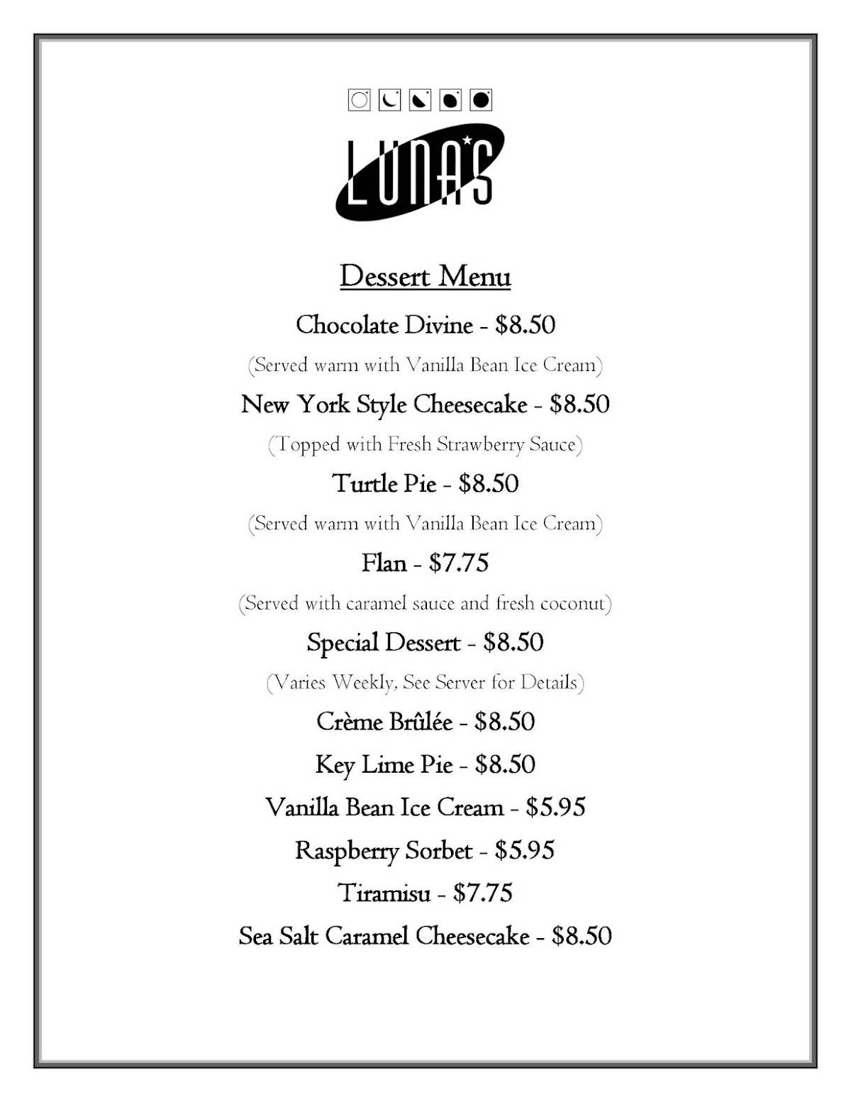 Menu at Luna's Restaurant, Gainesville