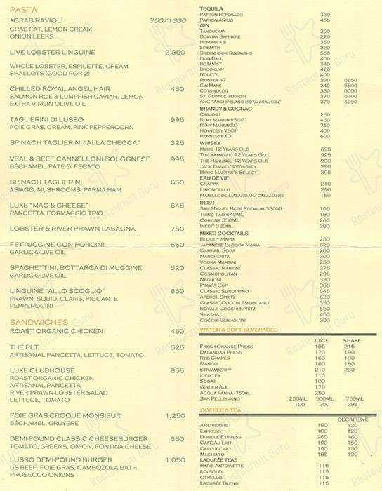 Menu at Lusso cafe, Makati, Legaspi Street