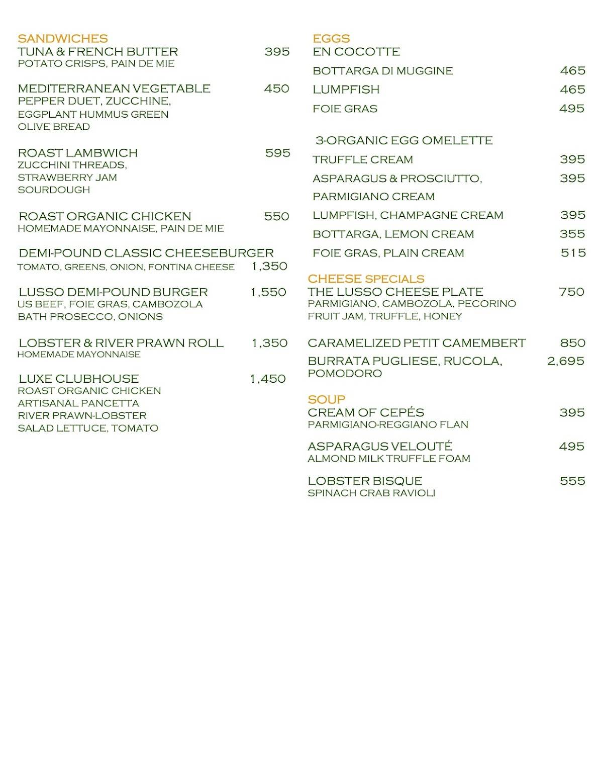 Menu at Lusso by Margarita Forés - Greenbelt 5 cafe, Makati, Legaspi Street